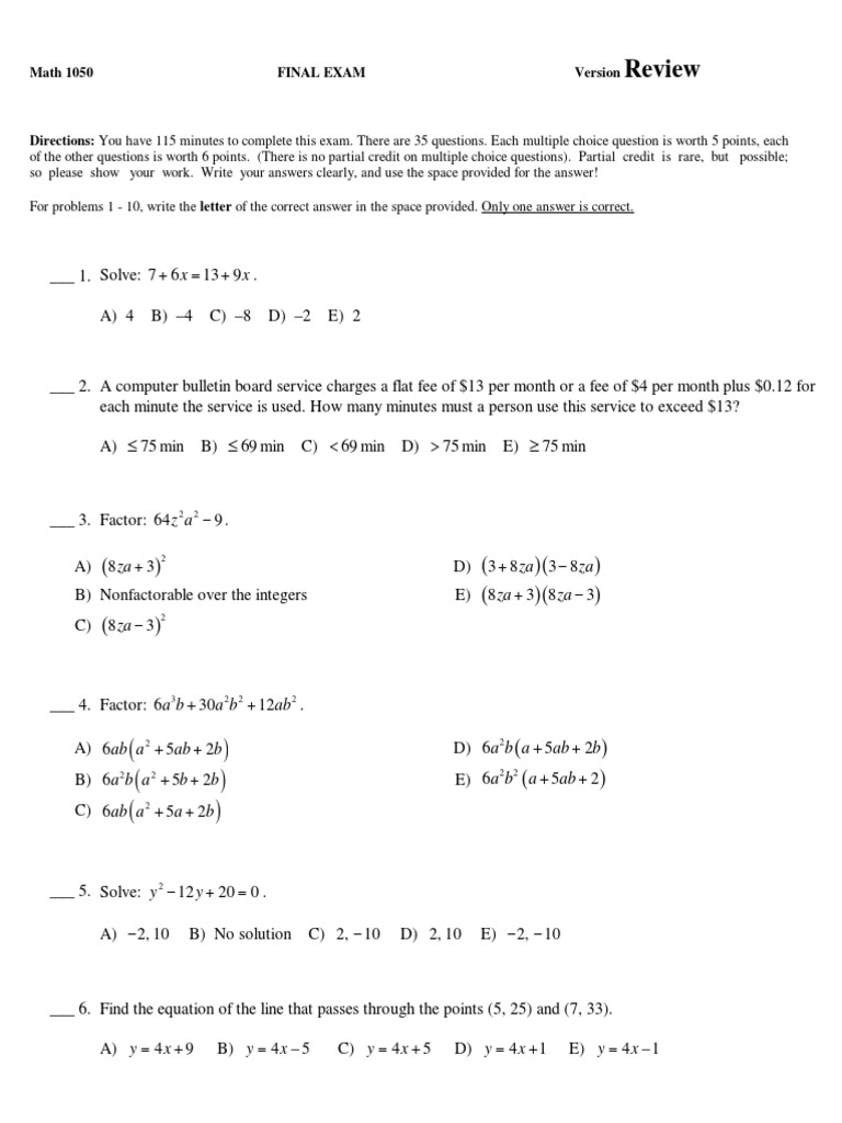 Intro Algebra Final Review | PDF | Area | Multiple Choice