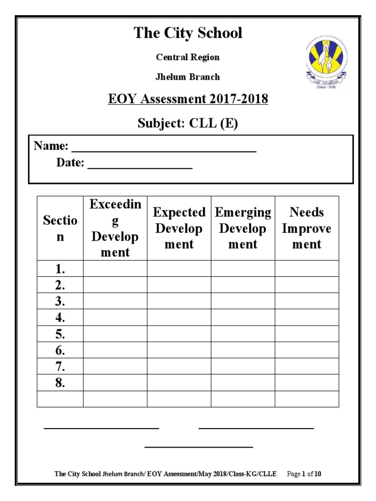 The City School: EOY Assessment 2017-2018 Subject: CLL (E) | PDF