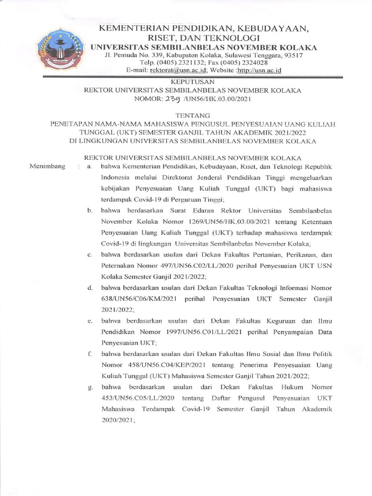 SK Penyesuaian Ukt Ganjil 2021 2022 | PDF