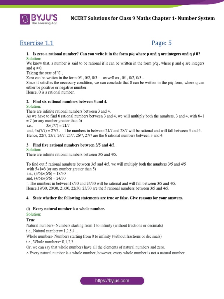 Ncert Sol For Class 9 Maths Chapter 1 | PDF | Numbers | Integer