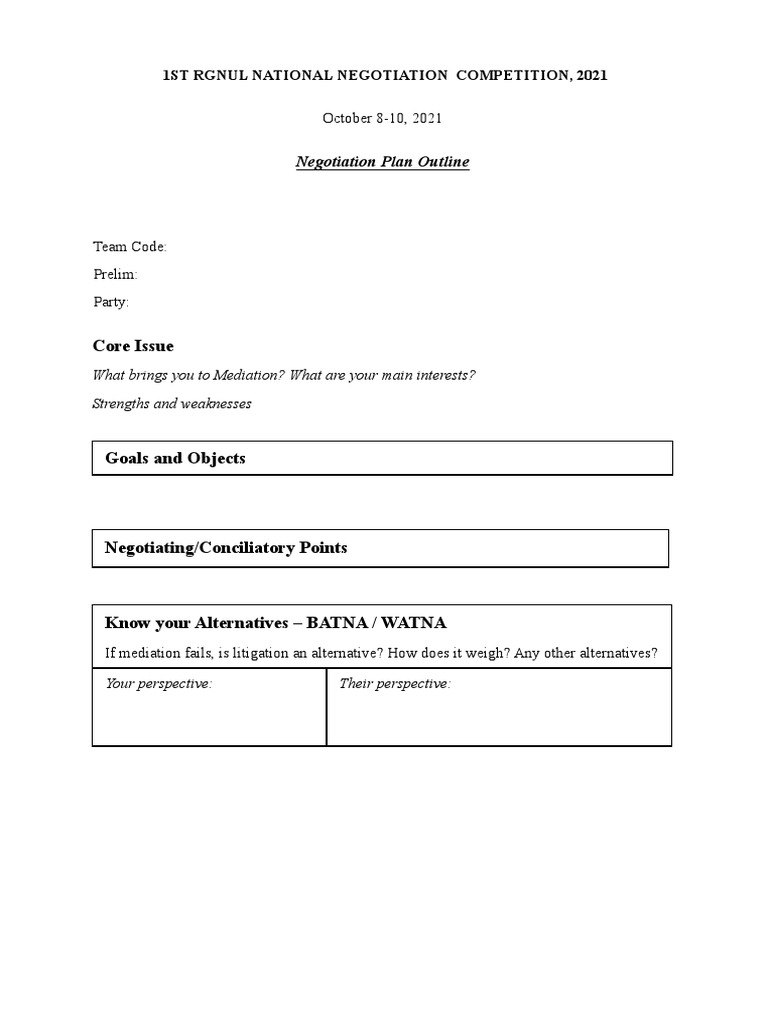 Negotiation Plan Outline | PDF | Finance & Money Management