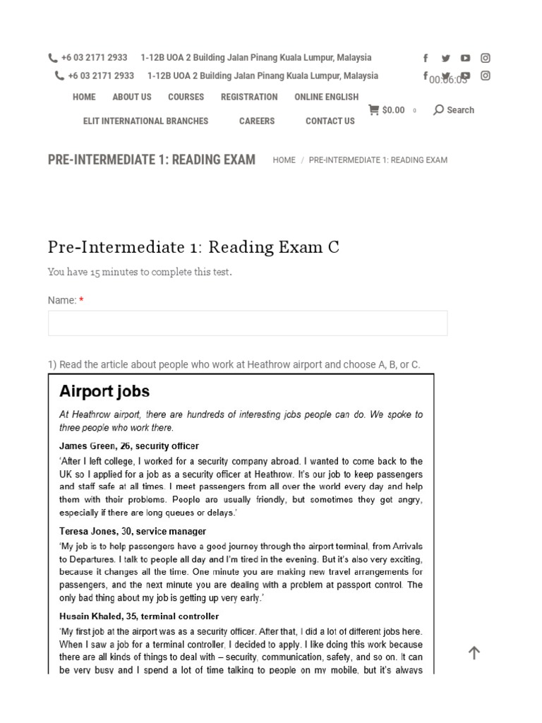 Pre-Intermediate 1: Reading Exam | PDF