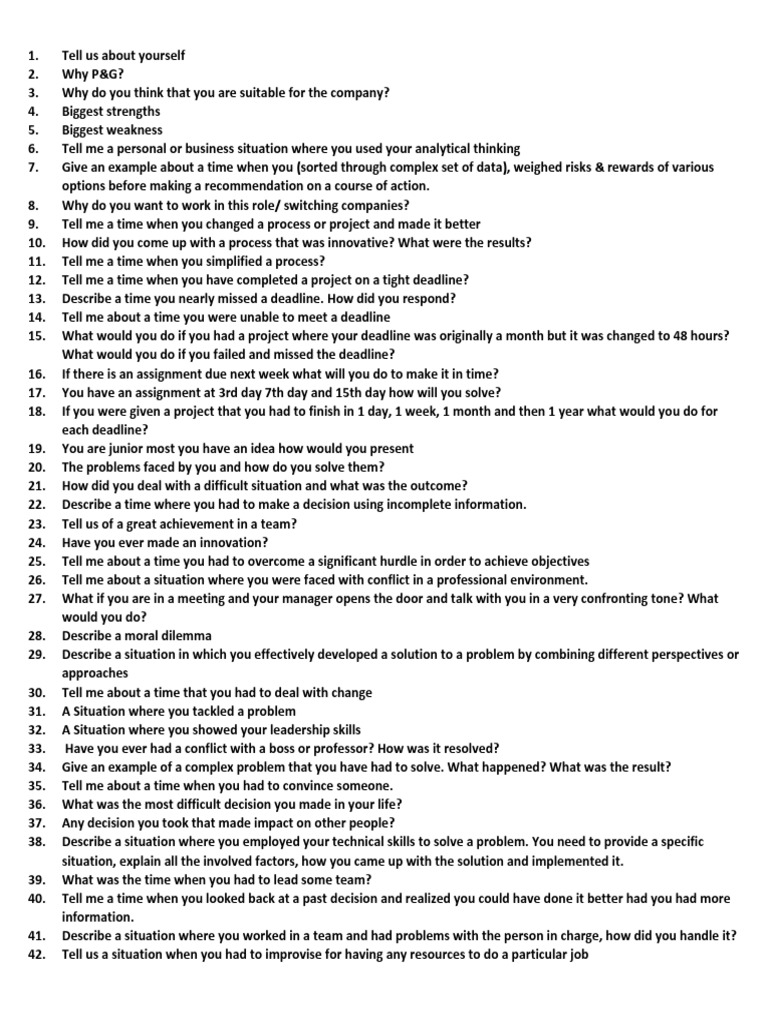 P&G Interview Questions Compiled | PDF | Goal | Cognition