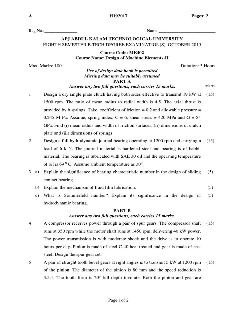 Question Paper - Design of Machine Elements 2 Oct-19-October - 2019 ...