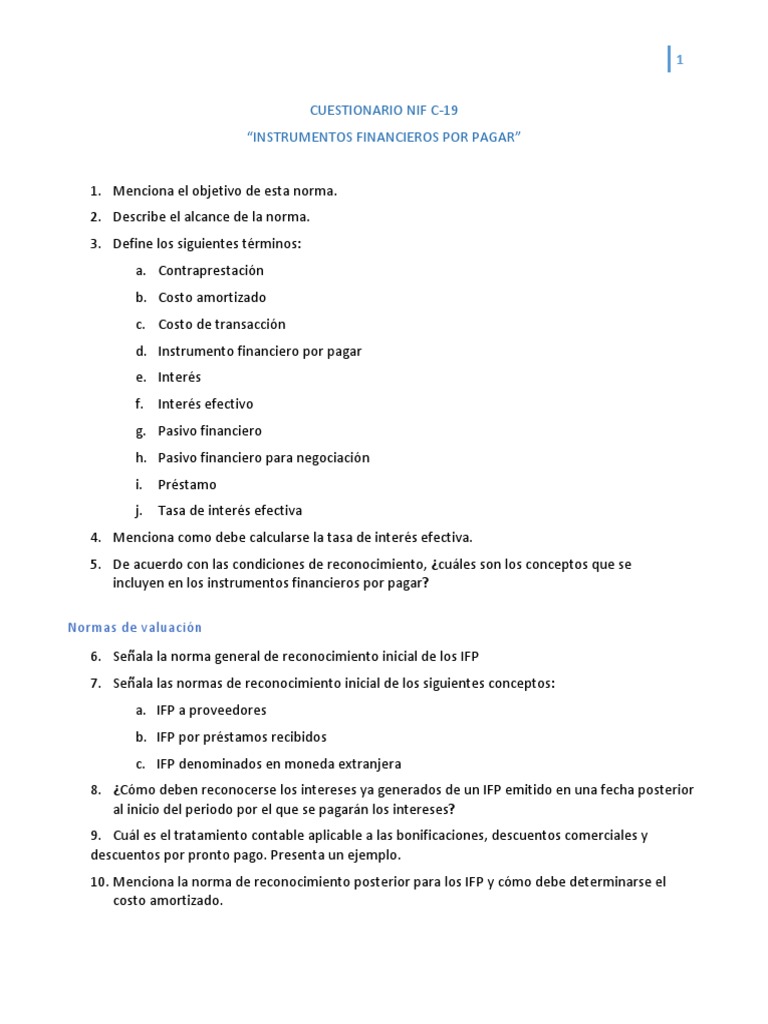 Cuestionario Nif C-19 | PDF | Contabilidad | Instrumento financiero