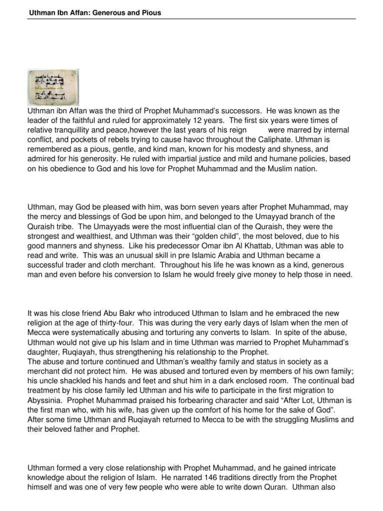 Uthman Ibn Affan Generous and Pious. | PDF | Muhammad | Umar