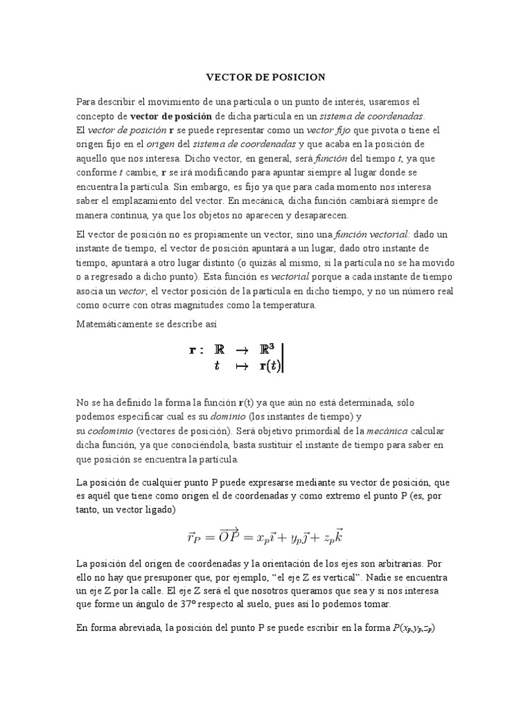 Vector de Posicion | PDF | Vector Euclidiano | Matemáticas