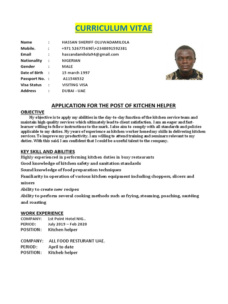 Curriculum Vitae: Application For The Post of Kitchen Helper | PDF ...