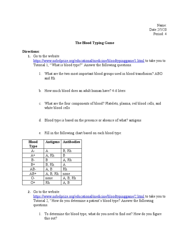 The Blood Typing Game Directions | PDF | Blood Type | Diseases And ...