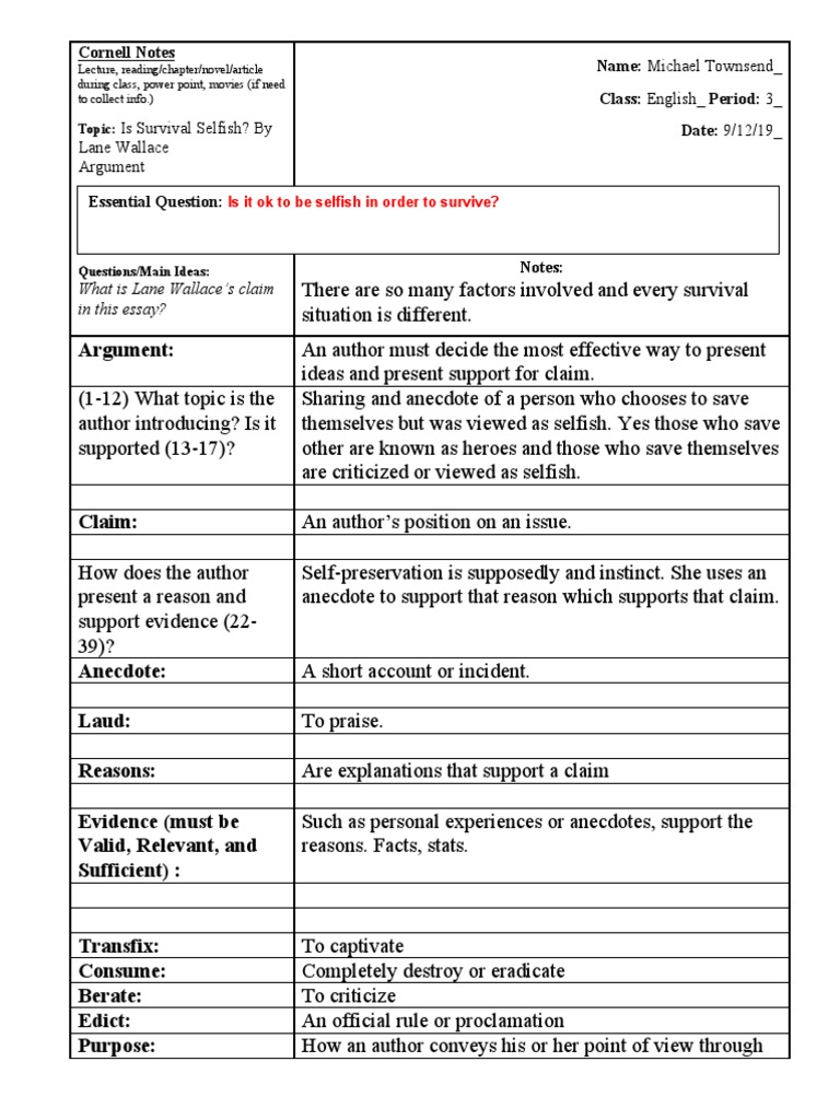 Cornell Notes - Is Survival Selfish | PDF | Reason | Cognition