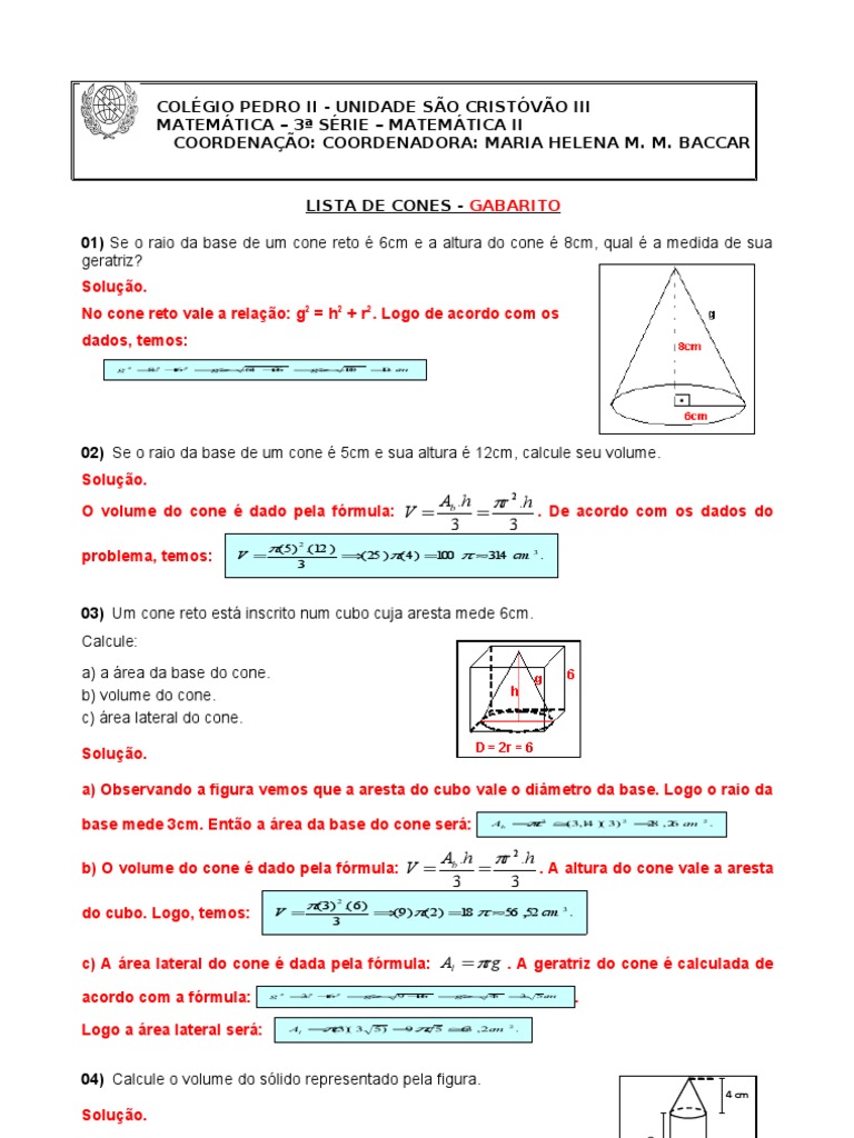 Cálculos de Área e Volume de Cones | PDF | Variedade (Matemática ...