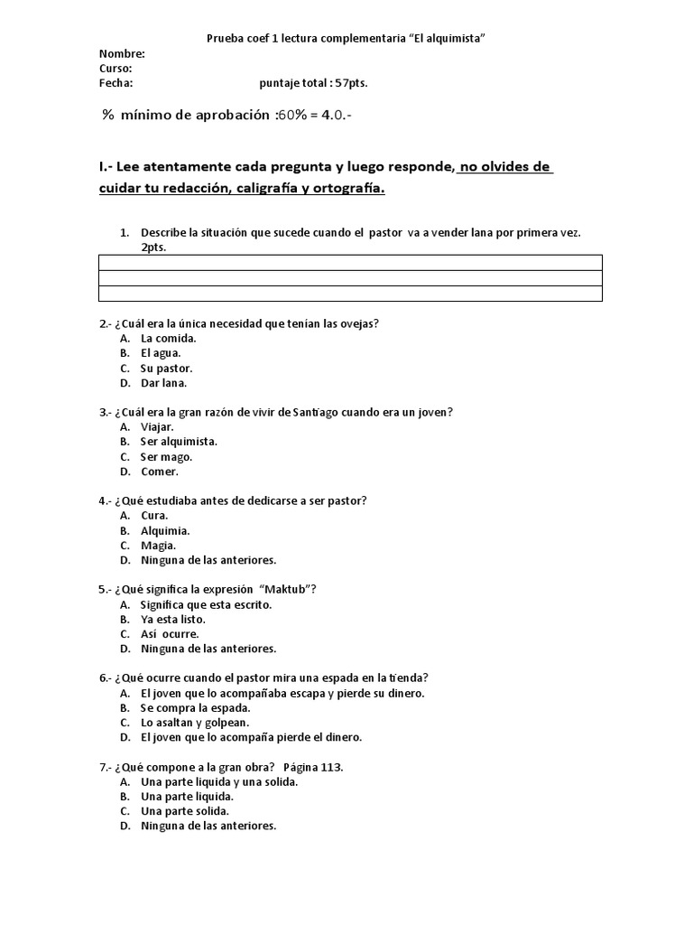 Prueba de lectura: "El alquimista" | PDF | Alquimia