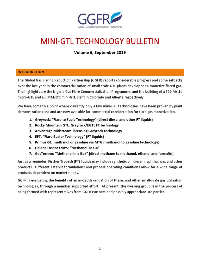Mini-Gtl Technology Bulletin: Volume 6, September 2019 | PDF | Gas To Liquids | Chemistry