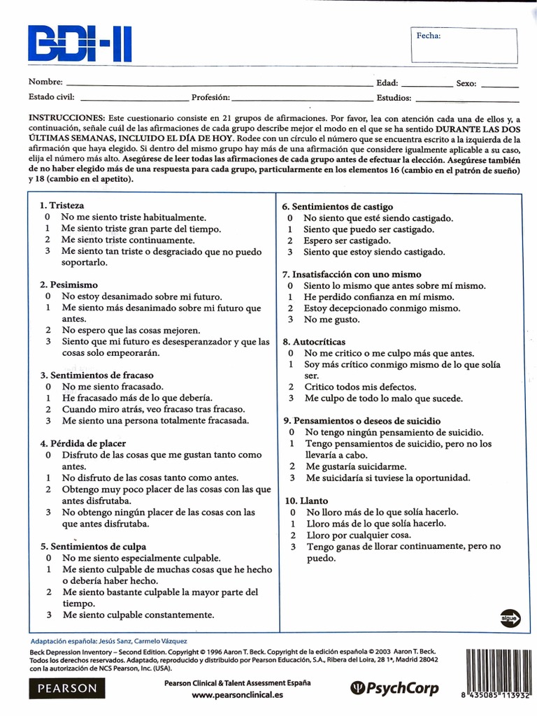 Beck Depression Inventory Printable Free Sheets - Free Printable ...