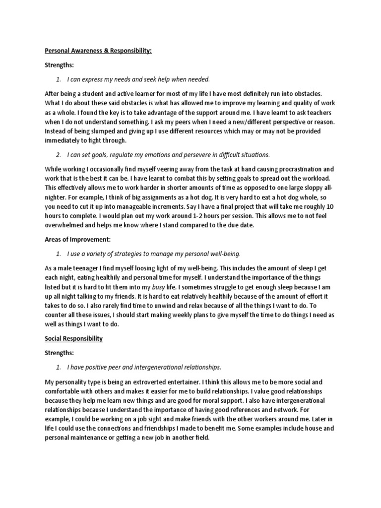Personal Awareness & Responsibility: Strengths | PDF | Learning ...