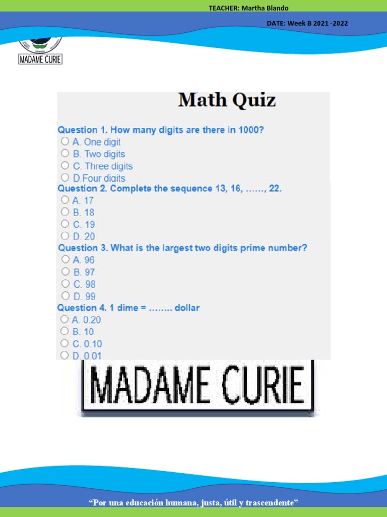 1st and 2nd Grade Math Quiz 2 | PDF