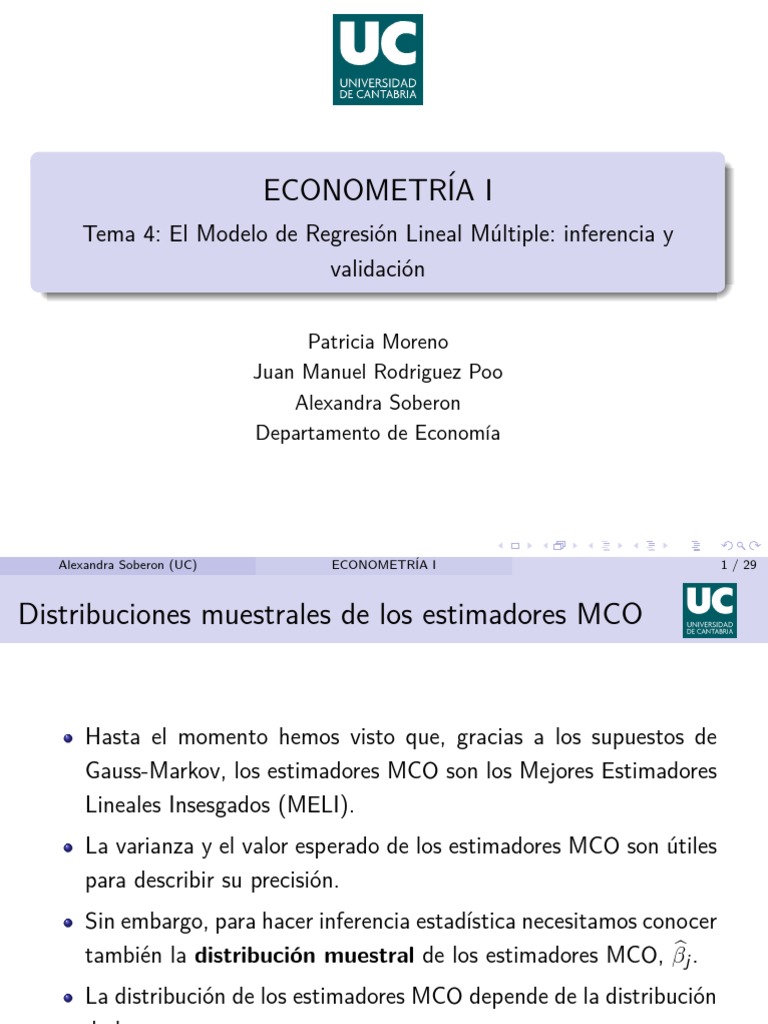 Econometr Ia I: Tema 4: El Modelo de Regresi On Lineal M Ultiple: Inferencia y Validaci On | PDF ...