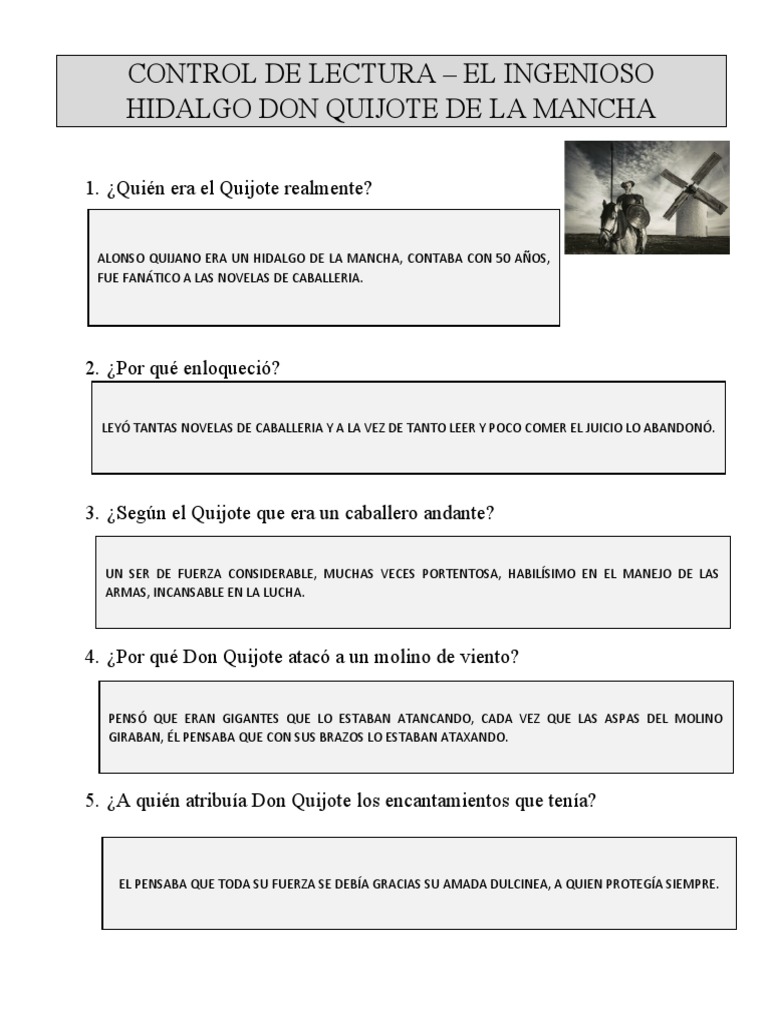 Control de Lectura El Quijote de La Mancha | PDF