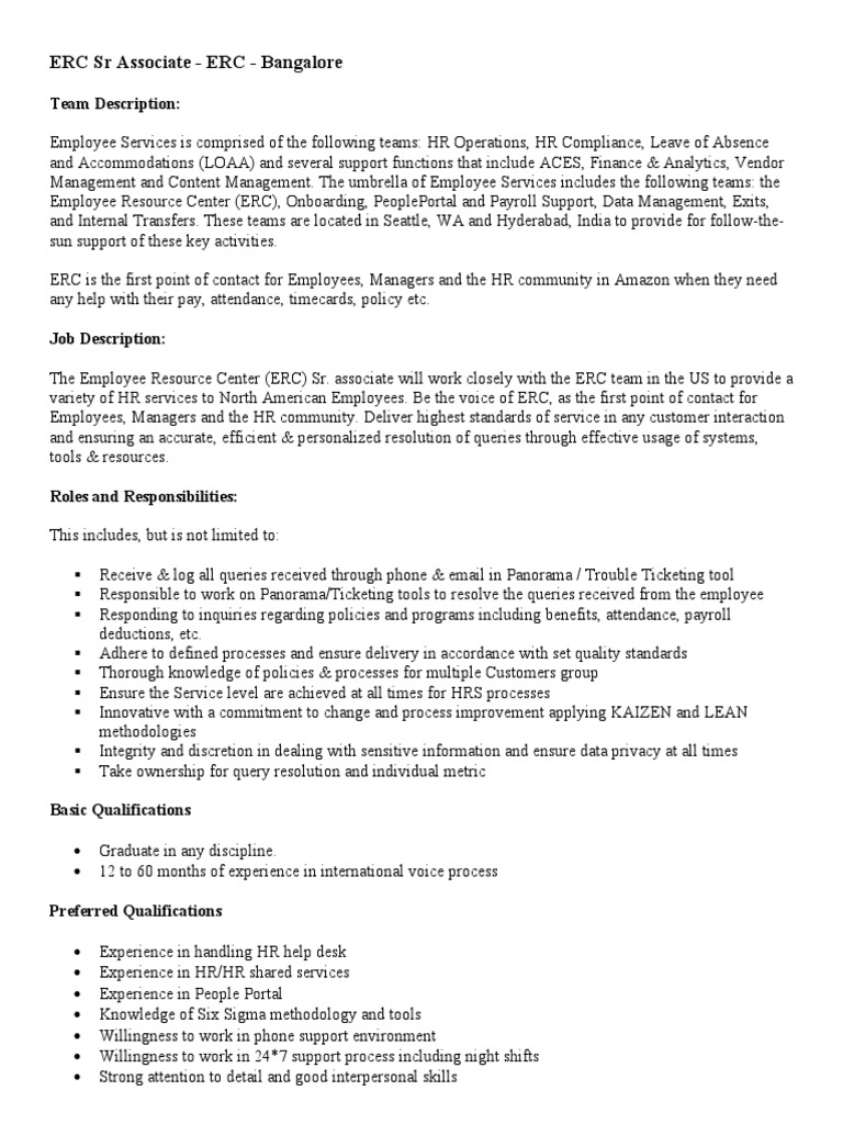 ERC SR Associate - ERC - Bangalore: Team Description | PDF | Human ...