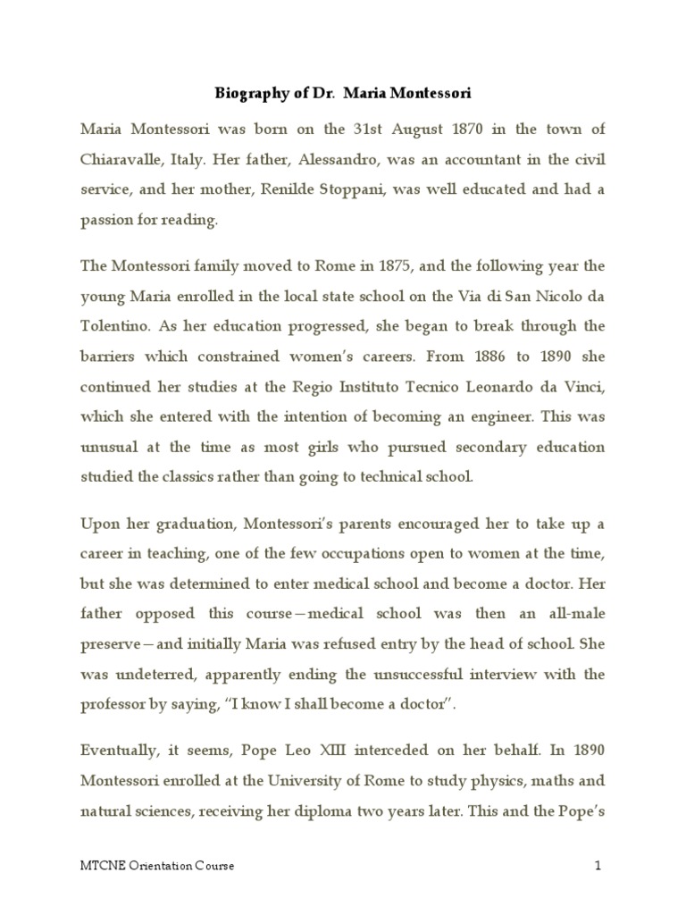 Biography of Dr. Maria Montessori | PDF