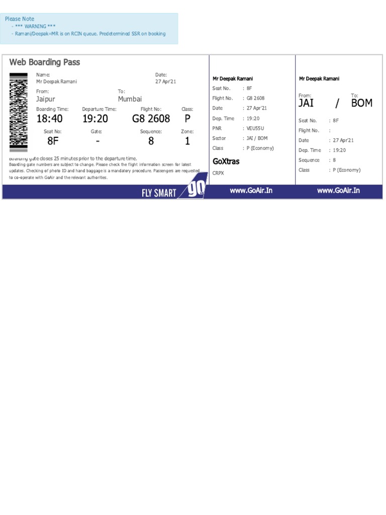 GoAir - Airline Tickets and Fares - Boarding Pass | PDF | Ephemera ...