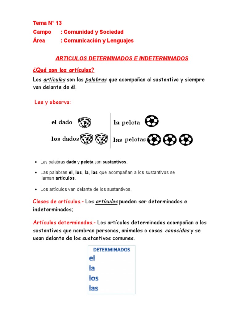 Tema #13 ARTICULOS DETERMINADOS E INDETERMINADOS | PDF