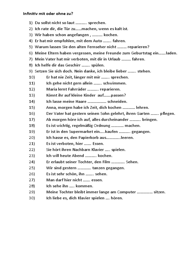 Infinitiv Mit Oder Ohne Zu Übung | PDF