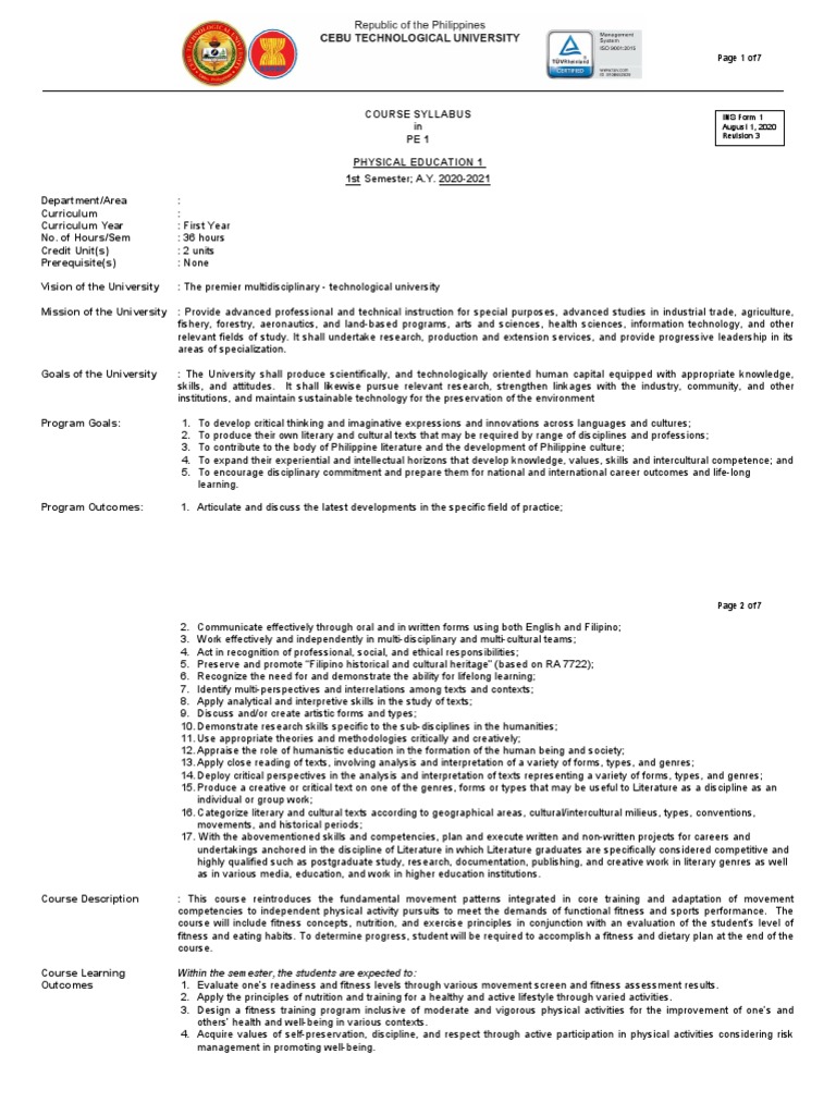 PE 1 Course Syllabus Overview | PDF | Physical Fitness | Curriculum