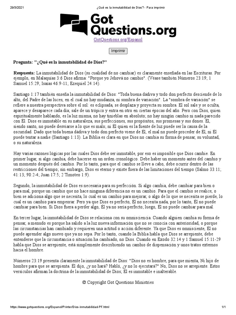 ¿Qué Es La Inmutabilidad de Dios - para Imprimir | PDF | Dios | Teología