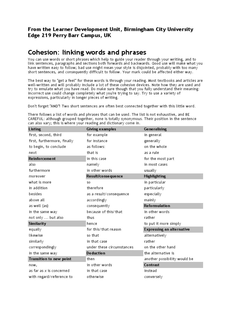 Cohesion: Linking Words and Phrases | PDF | Phrase