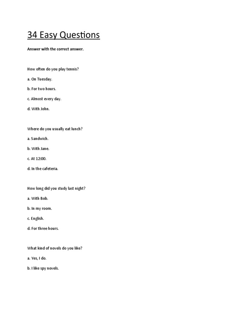 34 Easy Questions Answer With The Correct Answer PDF Food And Drink