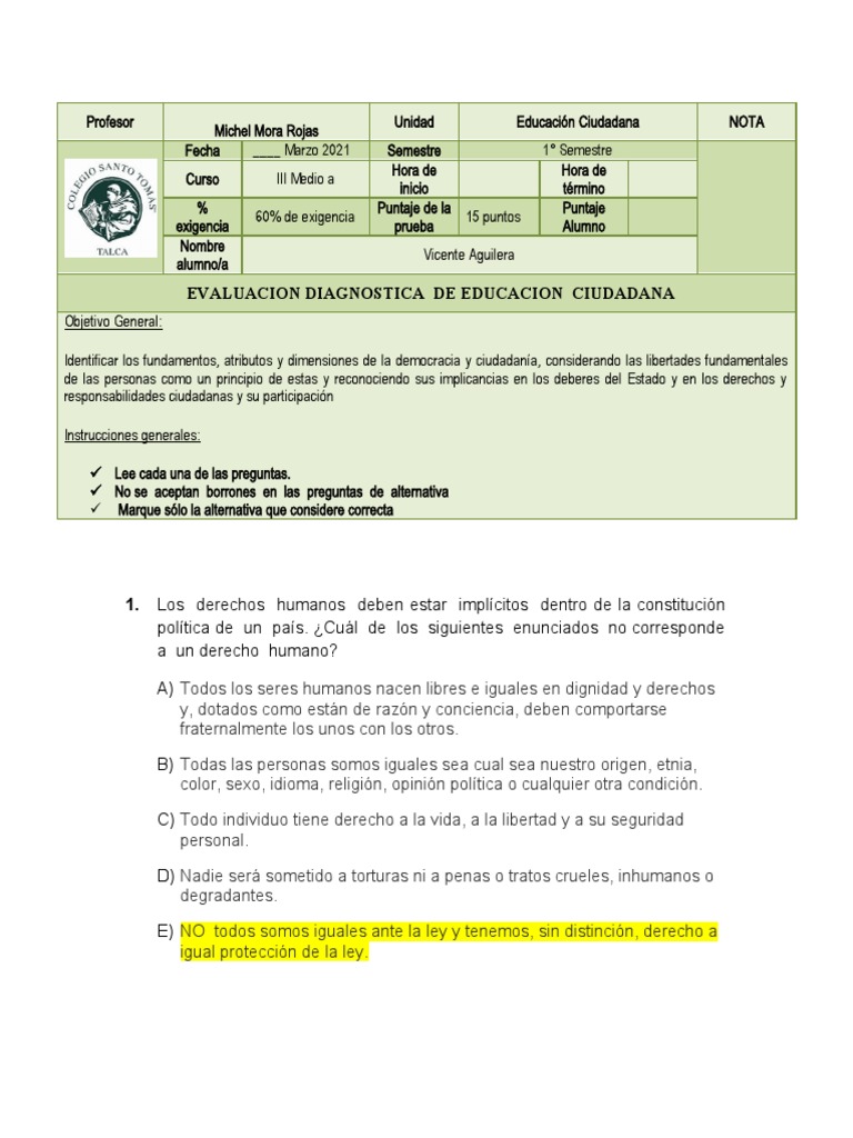 Evaluacion Diagnostica de Educacion Ciudadana III Medio A | PDF ... Evaluacion Diagnostica de Educacion Ciudadana III Medio A | PDF ...