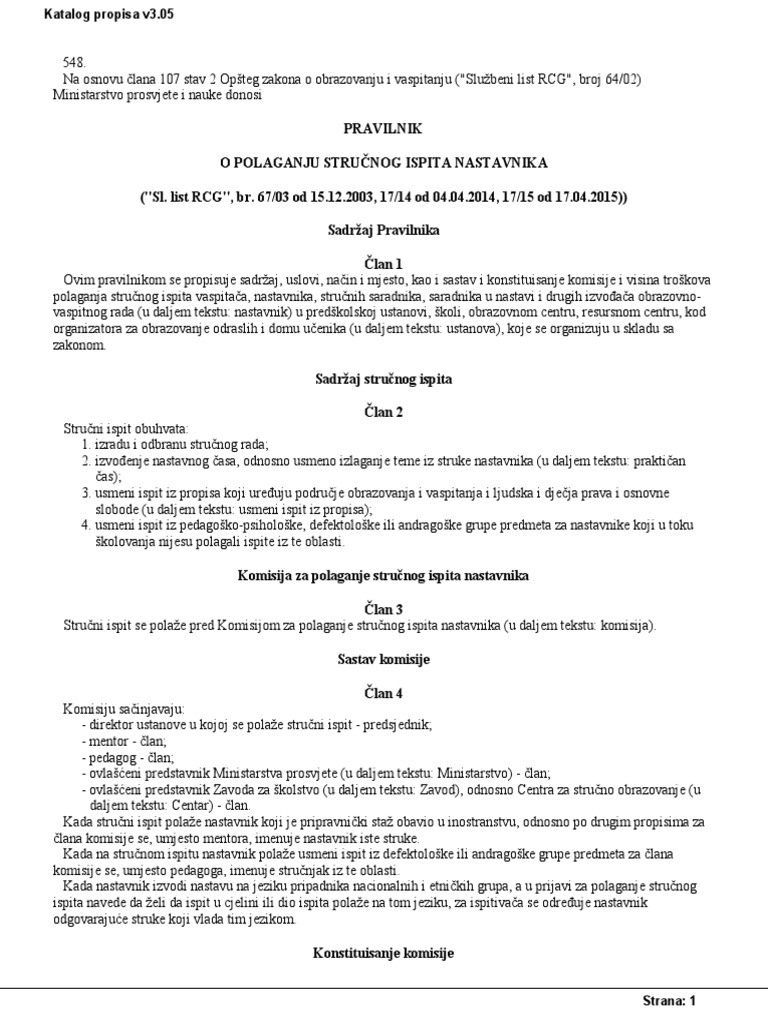 Pravilnik o Polaganju Strucnog Ispita Nastavnika 17-15 | PDF