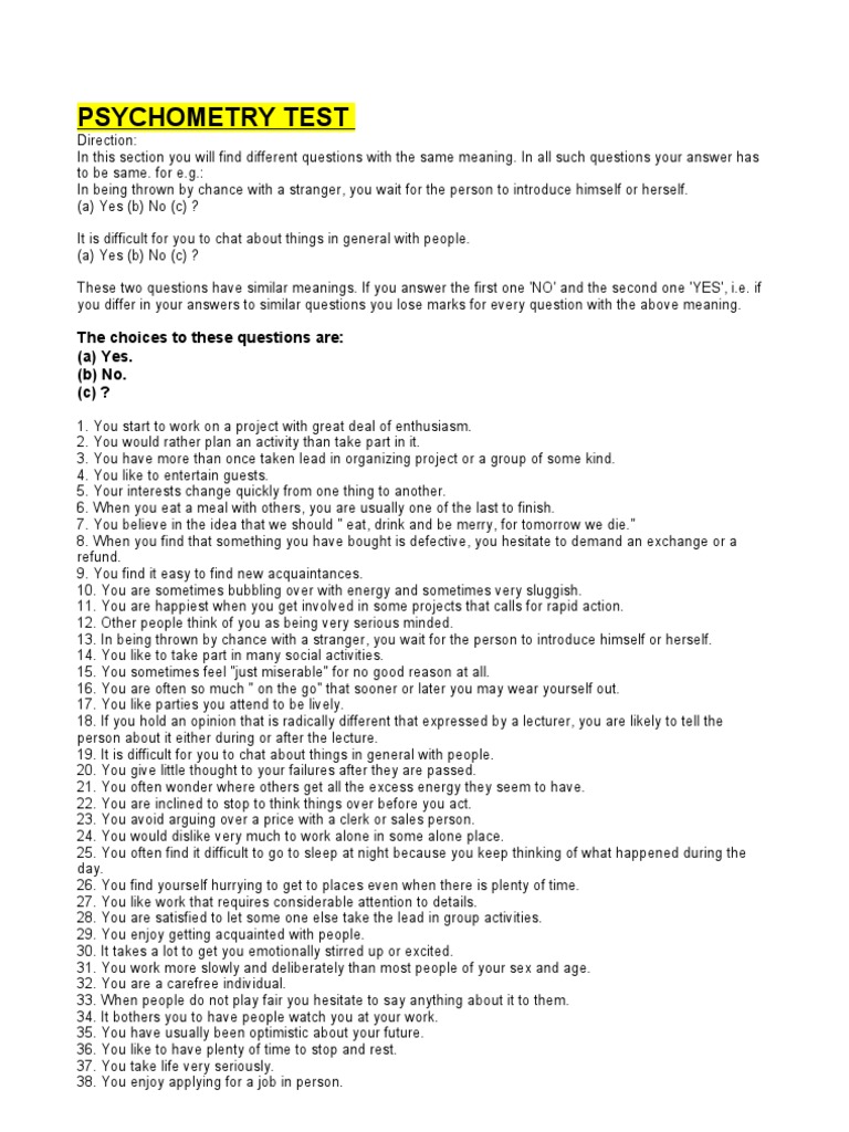 PSYCHOMETRY TEST Example | PDF