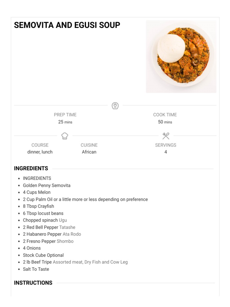 SEMOVITA AND EGUSI SOUP - Flour Mills of Nigeria | PDF | Soup | Beef