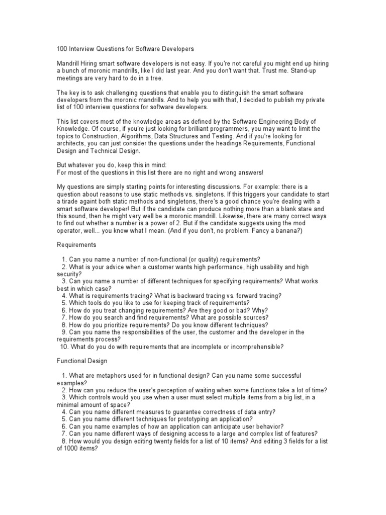 Software Developer Interview Questions | PDF | Software Testing | Array ...
