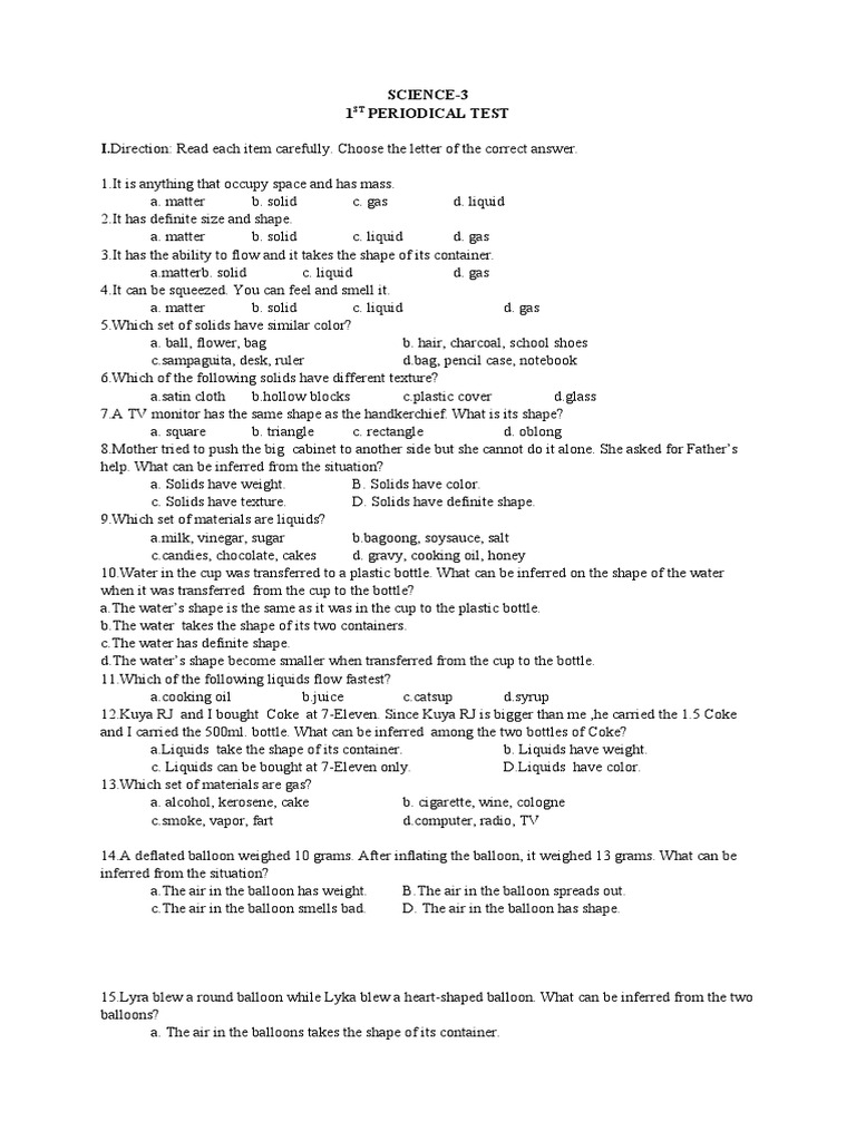 Science Grade 3 1st Quarter Test | PDF | Liquids | Chemistry