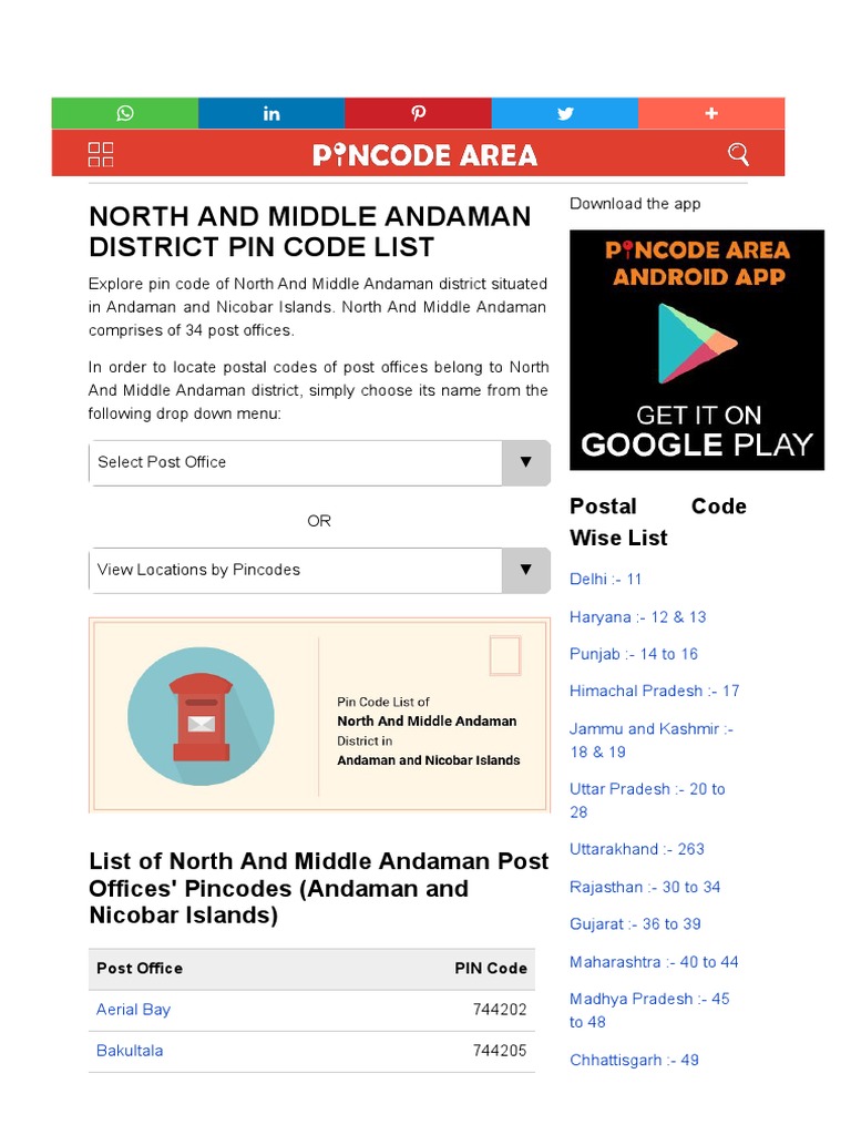 North and Middle Andaman District Pin Code List | PDF | Public Services ...