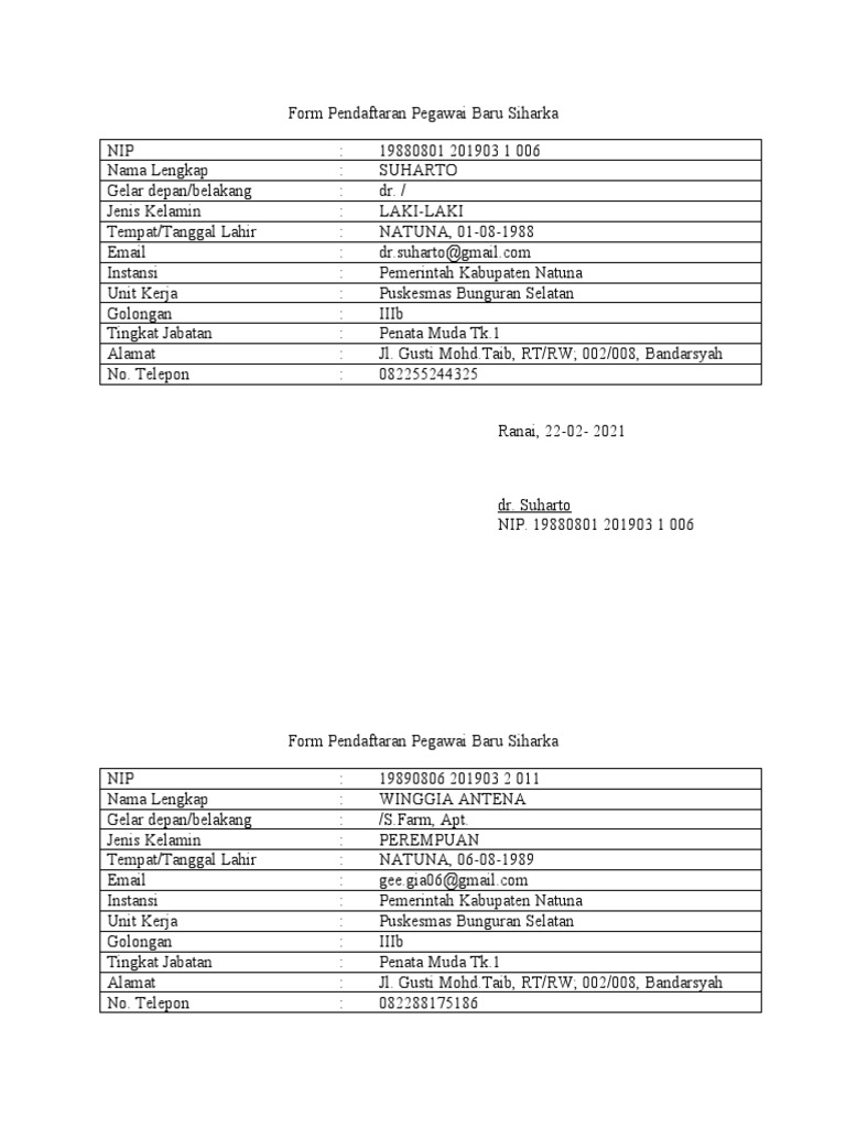 Form Pendaftaran Pegawai Baru Siharka | PDF