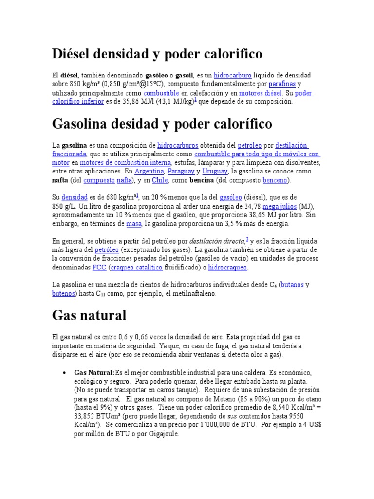Diésel Densidad y Poder Calorifico | PDF | Combustible diesel | Gasolina