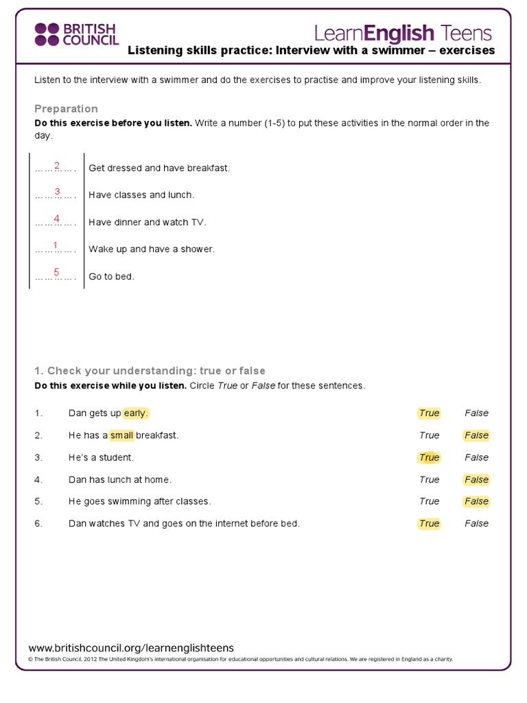 Listening Skills Practice: Interview With A Swimmer - Exercises | PDF ...