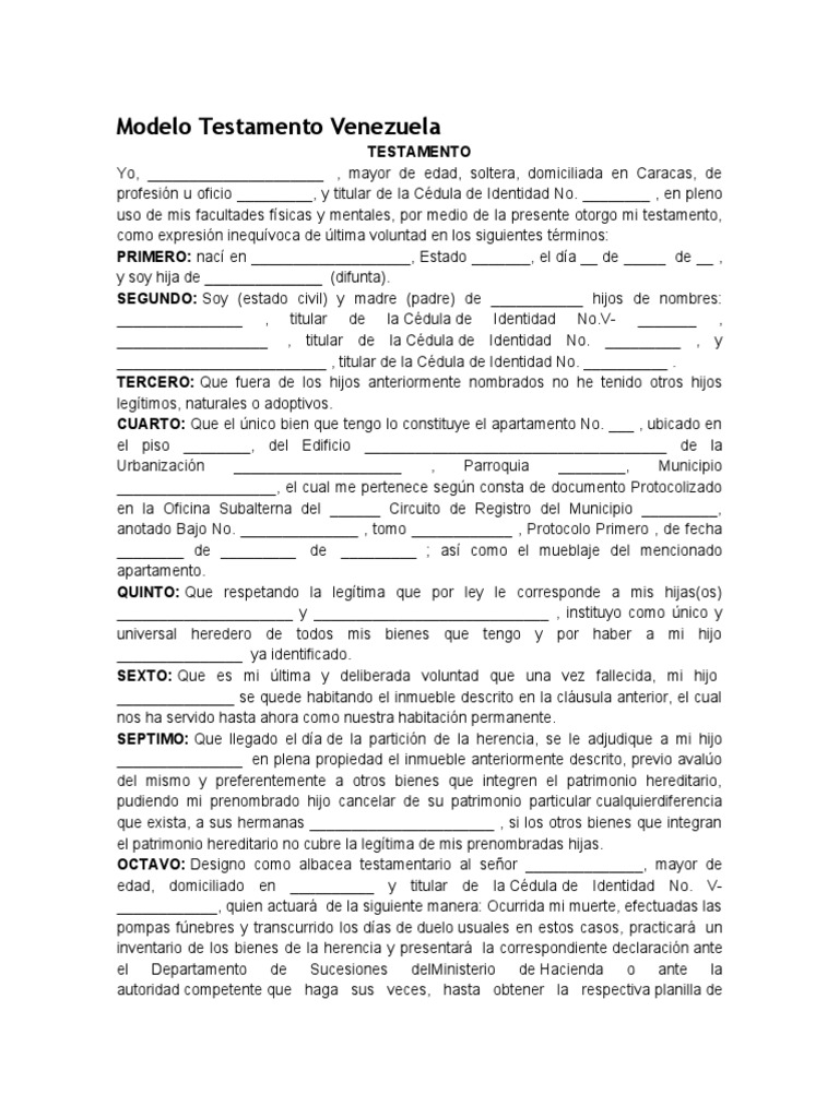 Modelo de Testamento en Venezuela | PDF | Voluntad y testamento | Herencia