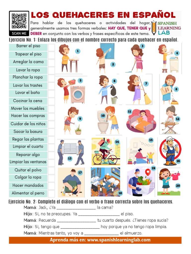 Los Quehaceres en Espanol Chores Spanish PDF Worksheet v2 | PDF