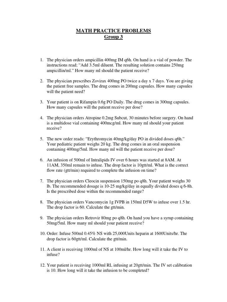 Nursing-Math Practice Set 3 | PDF | Dose (Biochemistry) | Chemistry