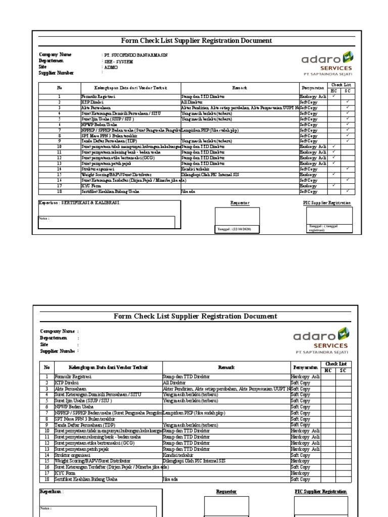 Dokumen Registrasi Supplier Checklist | PDF