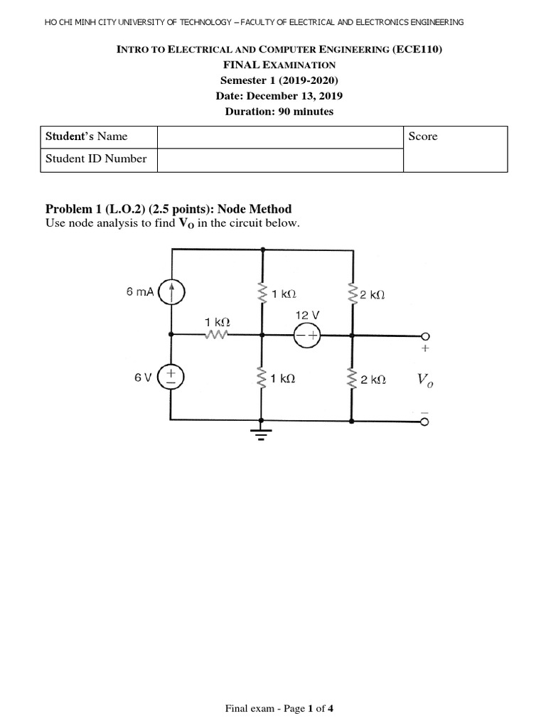 191 ECE110 Final - Exam | PDF | Electrical Network | Electronic Engineering