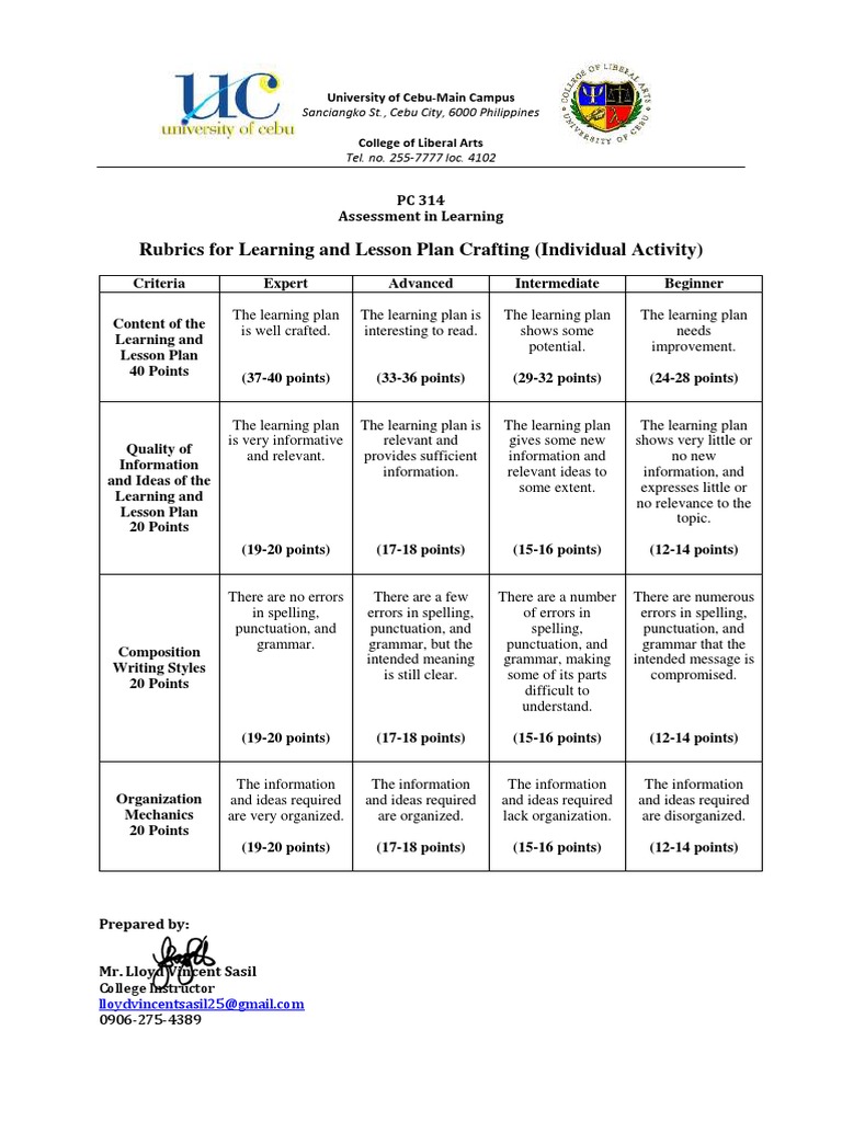 Rubrics for Lesson Plan Assessment | PDF | Rubric (Academic) | Lesson Plan