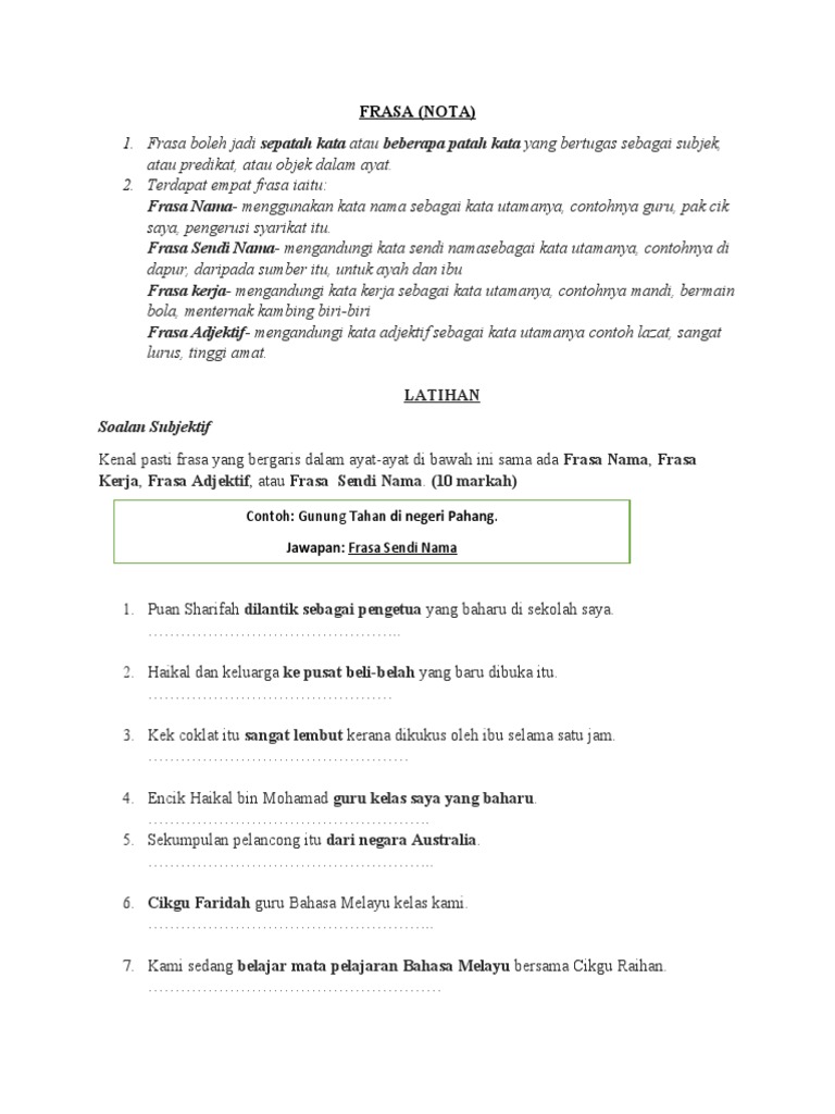 Latihan dan Nota Frasa Bahasa Melayu | PDF | Seni & Disiplin Bahasa