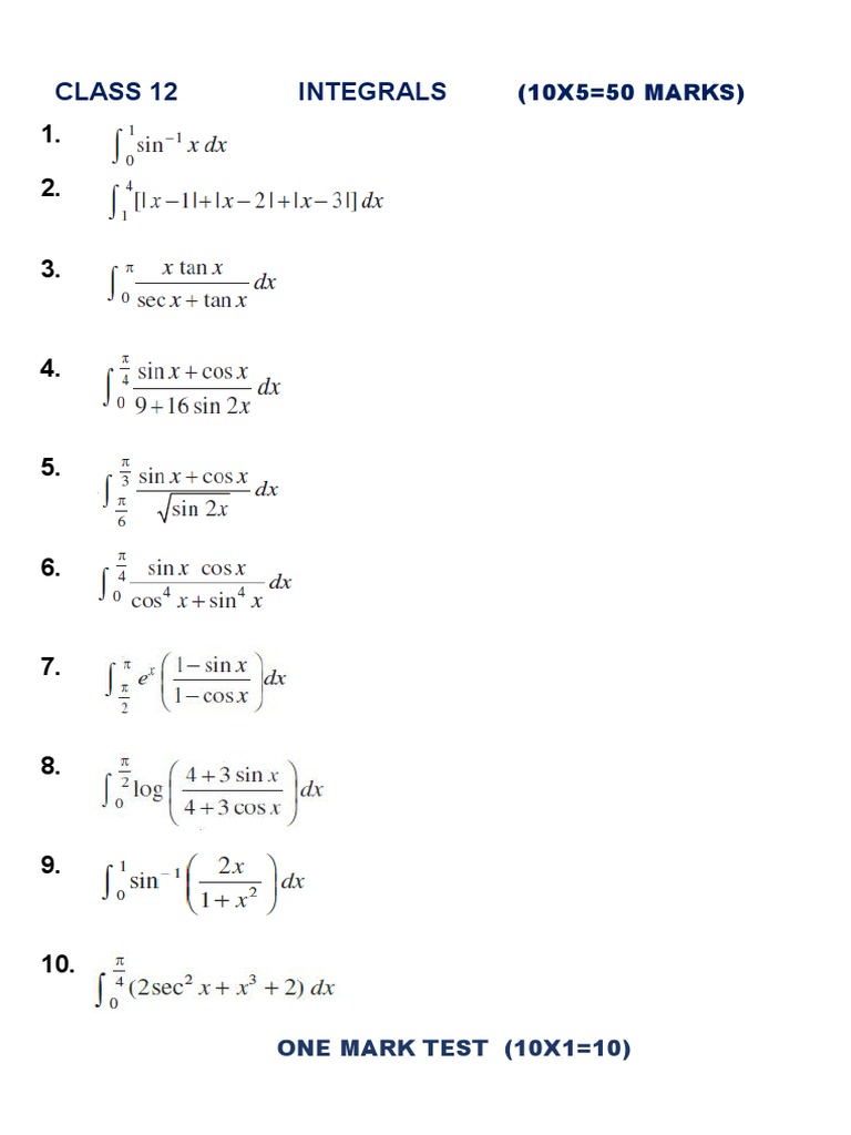 Class12 Integrals 0ne Mark Test | PDF | Science & Mathematics