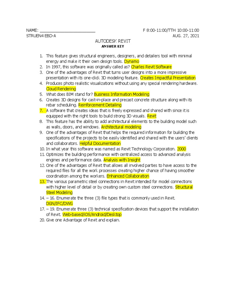 Autodesk Revit Answer Key | PDF | Autodesk Revit | Application Software